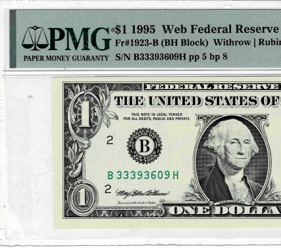1995 $1 Federal Reserve 'WEB'Note-(New York)- Run 6- 5/8-PMG UNC 64 EPQ ...