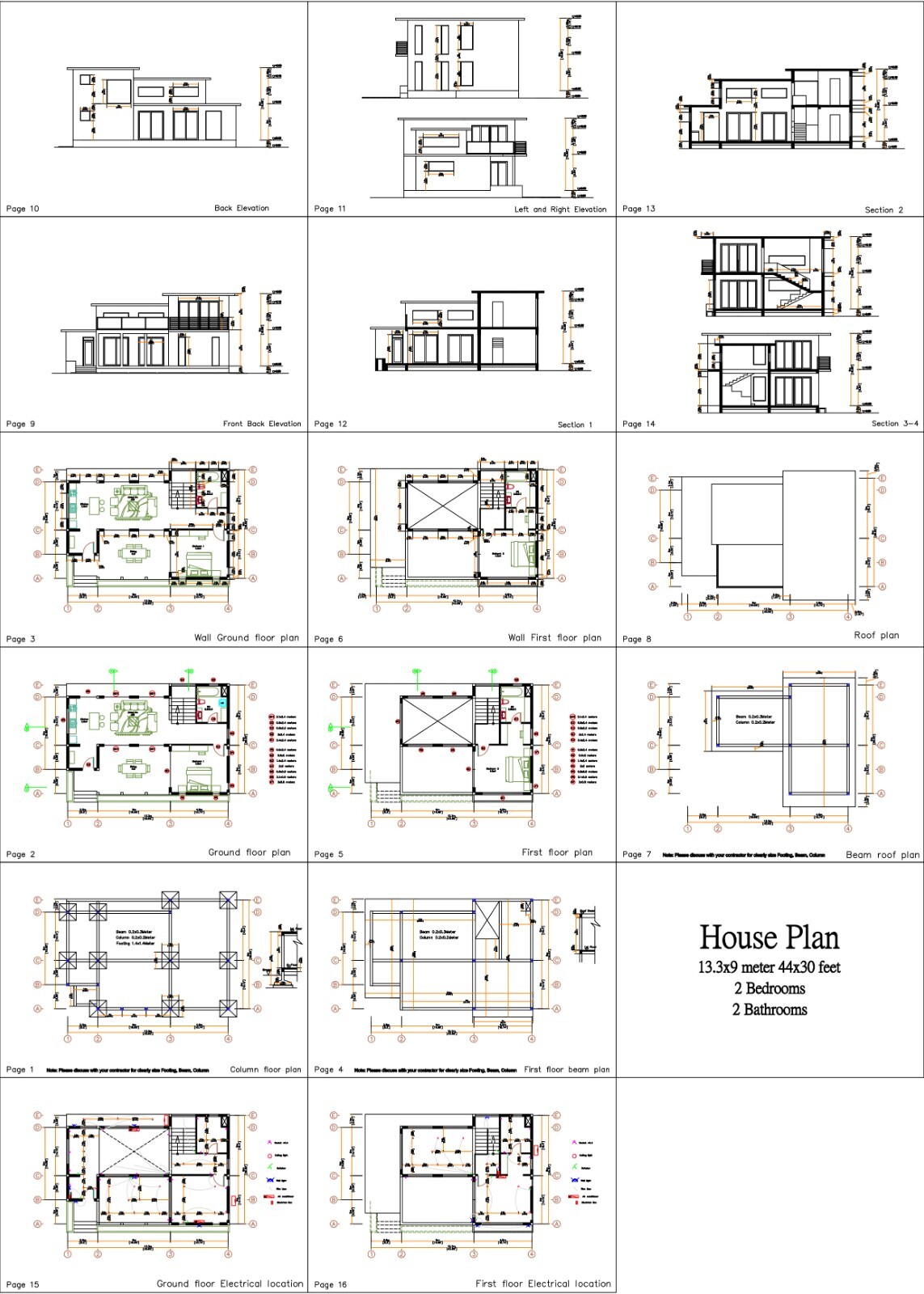 44x30 Feet Small House Plan 13.3x9 Meter 2 Beds 2 Baths Flat Roof (A4 ...