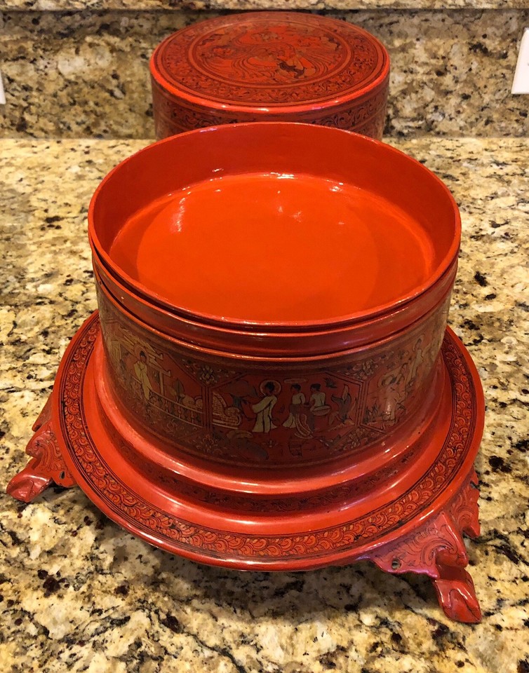 RARE SIGNED LARGE RED LACQUER BIRD FOOTED 4 PIECE LUNCH BOX BUDDHA ...