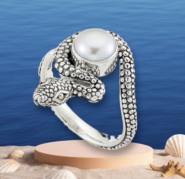 Sterling Silver 18k 925 750 Pearl Snake Ring Samuel Benham Serpent ...