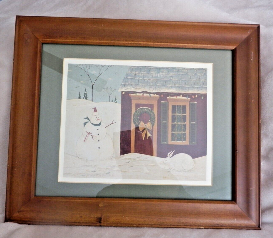 VINTAGE Framed WARREN KIMBLE House W/ Snowman & Rabbit PRINT 17" X 14 ...