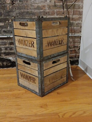 Vintage 1950's WANZER Milk Crates - Wood Frame, Metal Reinforced ...