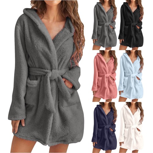 Women Fleece Bathrobe Plush Short Robe Long Sleeve Robe Attached Belt ...