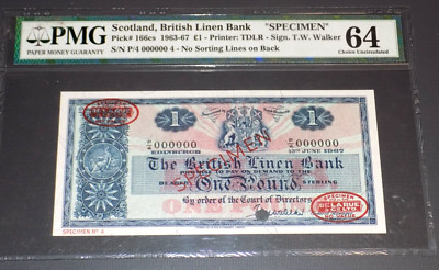 PMG SCOTLAND BRITISH LINEN BANK Specimen Pick 166cs ONE 1 POUND Note 64 ...