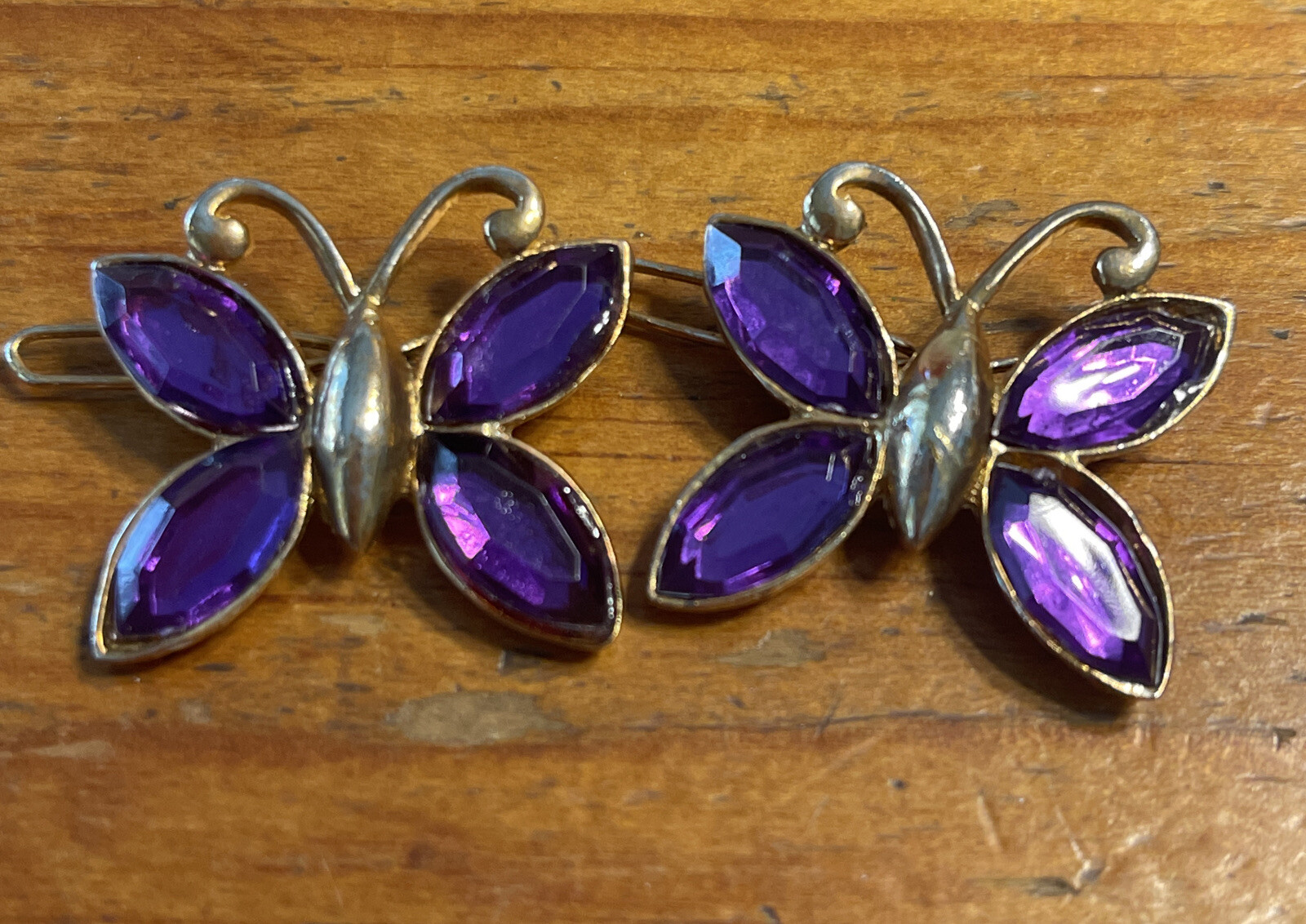 Vintage Gold Tone Purple Stone Crystal Buterfly Hair Clips 1.25” Set Of ...