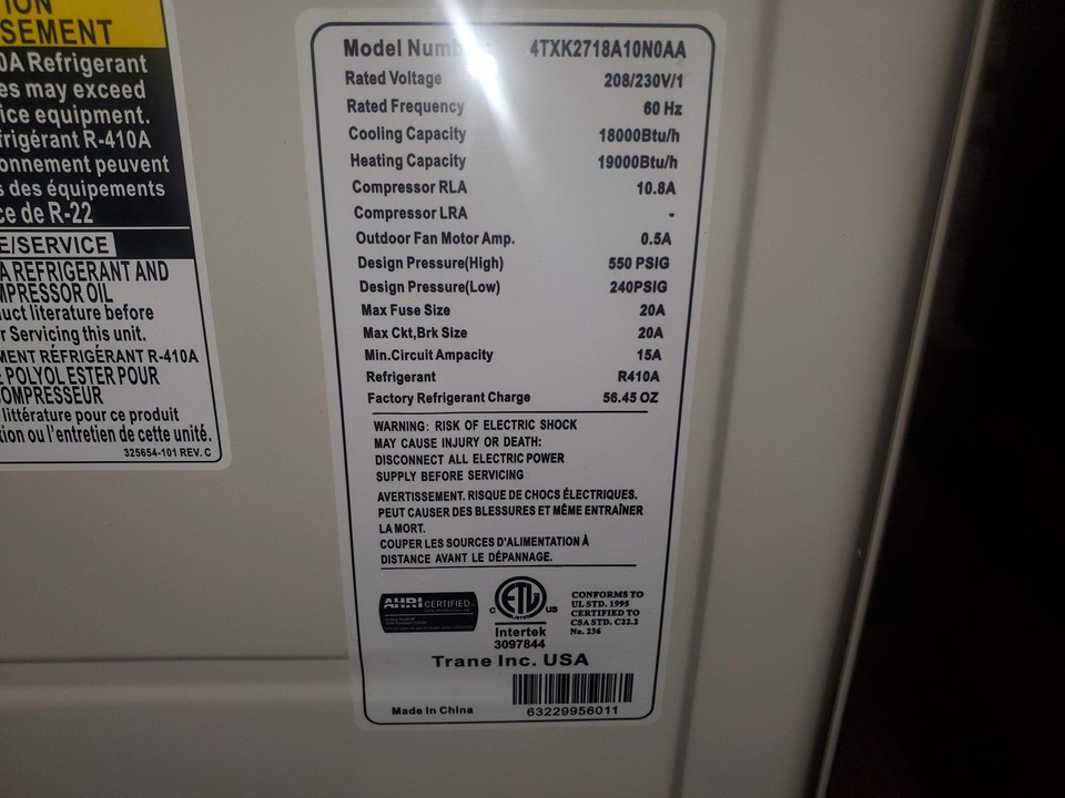 TRANE 4TXK2718A10N0AA 18000 BTU OUTDOOR HEAT PUMP DC INVERTER MINI ...