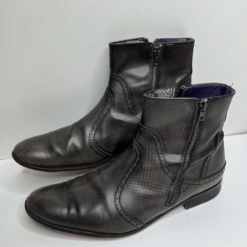 ROBERT GRAHAM VANDAM Mens Double Zipper Leather Pewter Gray Ankle Boots ...