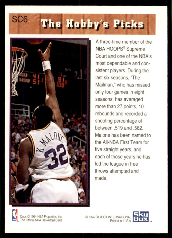 1993-94 NBA Hoops Basketball Card Karl Malone Utah Jazz #SC6 | eBay