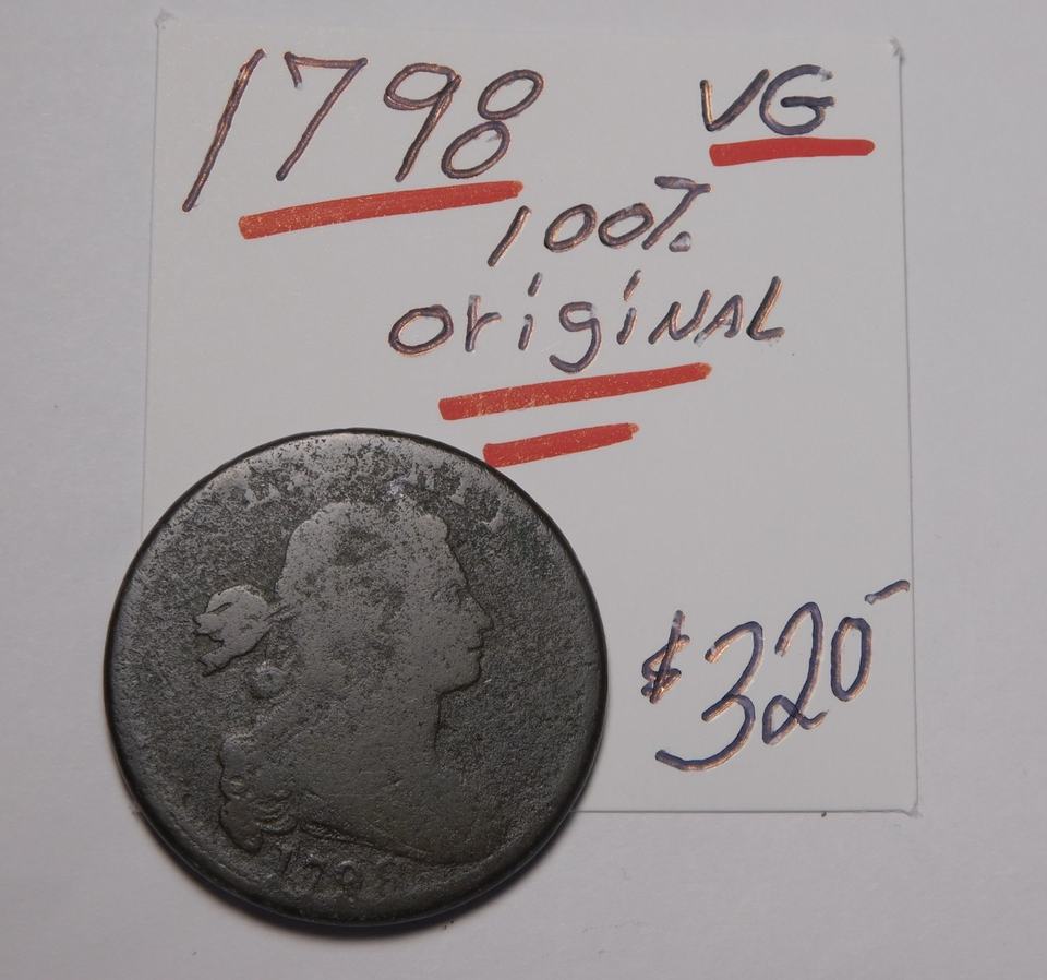 BEAUTIFUL ORIGINAL 1798 DRAPED BUST LARGE CENT CHOCOLATE BROWN V.G ...