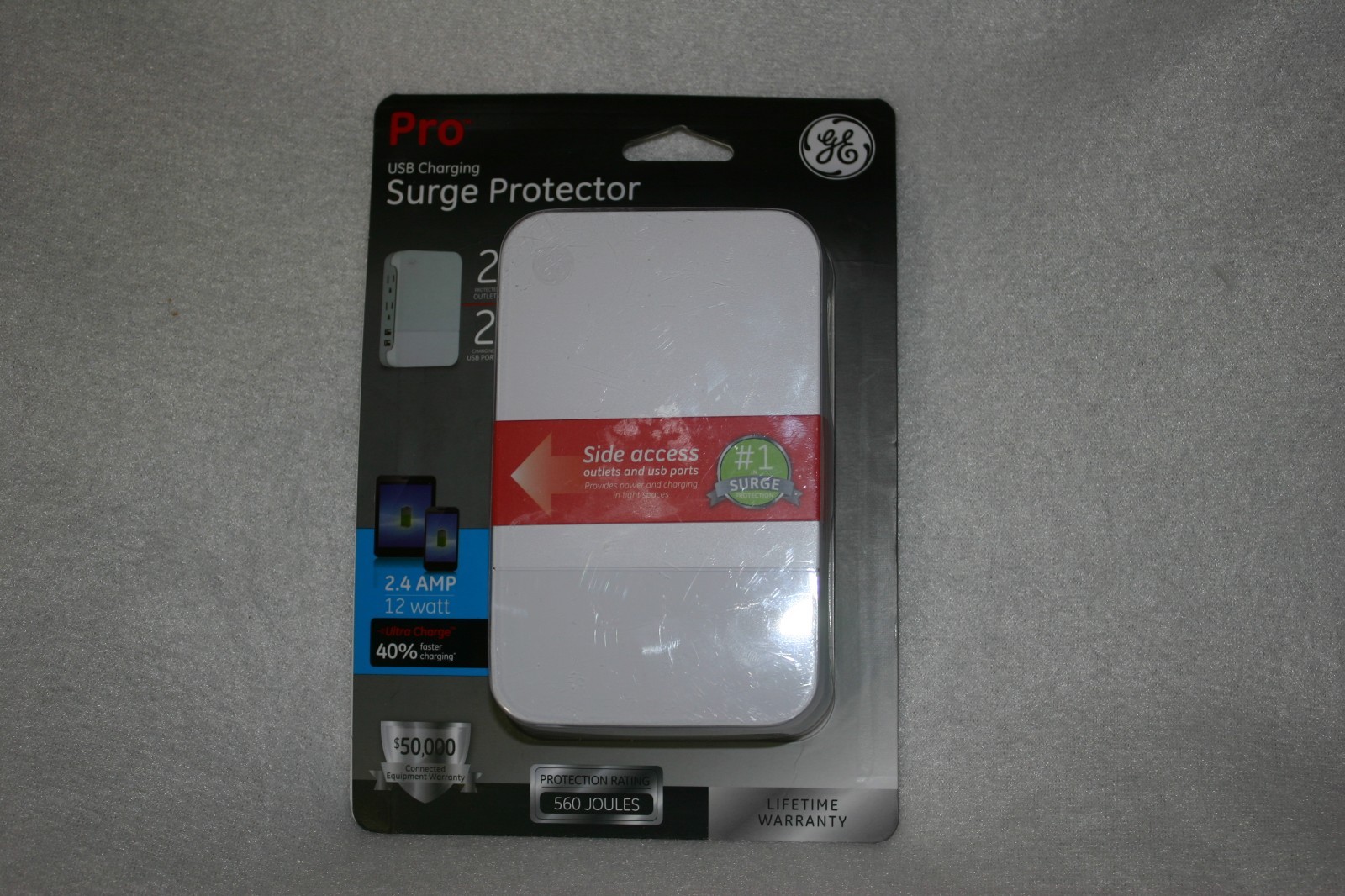 GE, Pro, Surge Protector, ultra charge 40% faster, 2.4 amp, 2outlet ...