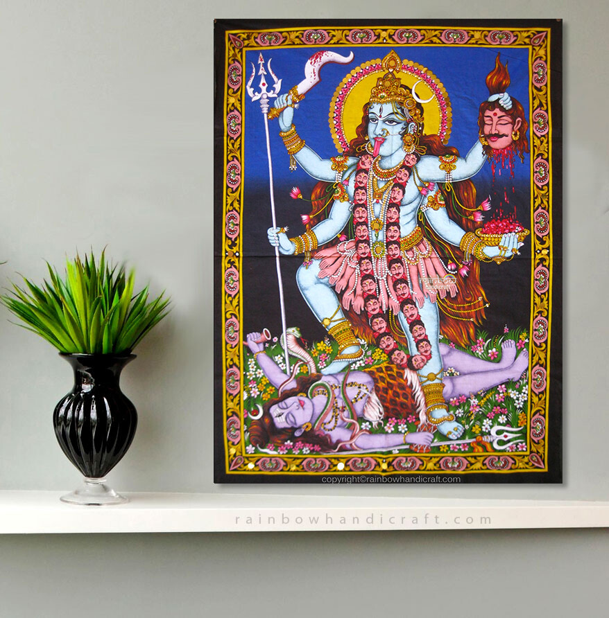 hindu death goddess kali shiva sequin wall hanging ethnic decor batik ...