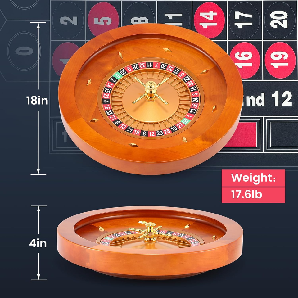 18" Wooden Roulette Wheel Set with Tablecloth & Poker Chips for Family ...