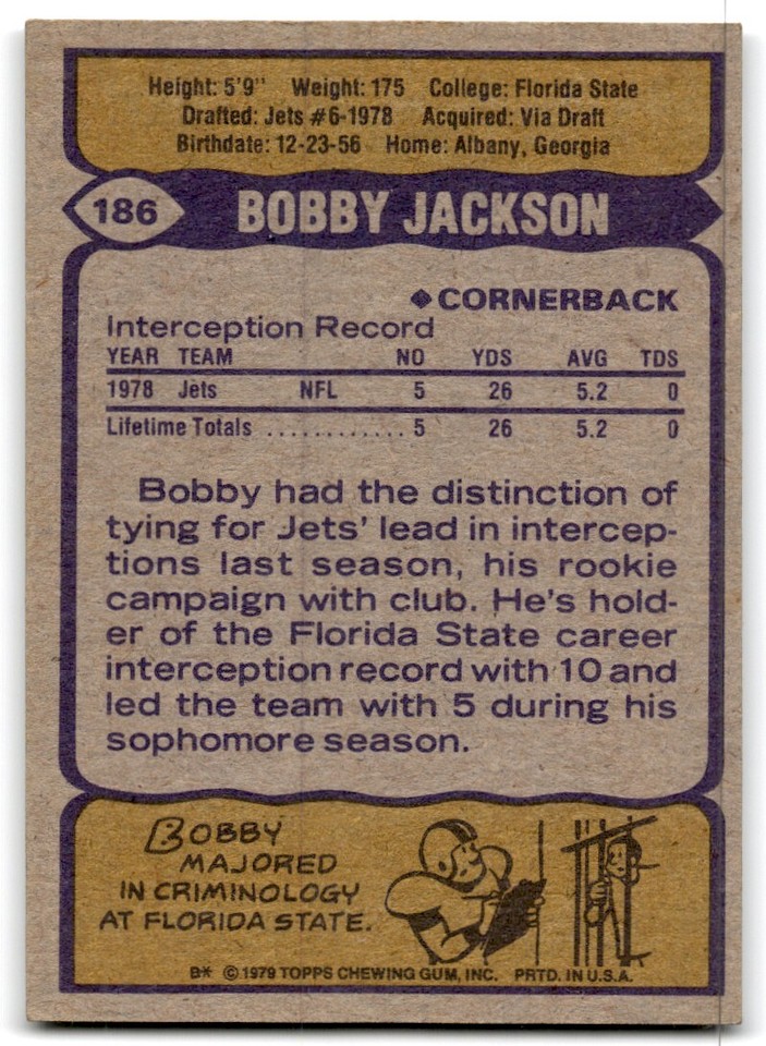 1979 Topps Football Card Bobby Jackson Rookie New York Jets #186 | eBay