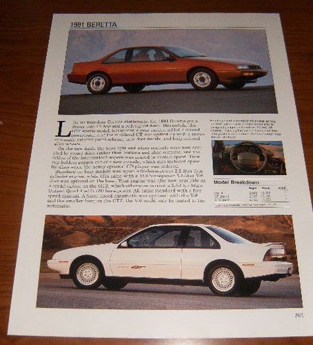 1991 Chevy Beretta Spec Sheet Info Photo 91 GT GTZ 3.1 V6 2.3 HO INFO ...