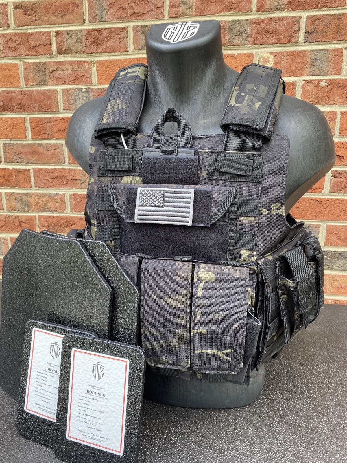 Black Multicam Tactical Vest Plate Carrier W/ (2) 10x12 Curved/ Side ...
