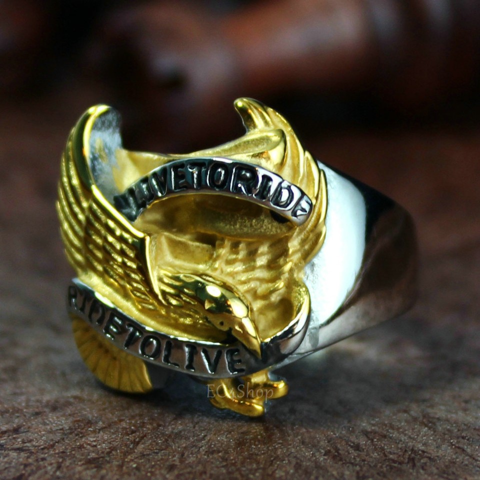 Men's Live to Ride American Eagle Hawk Gold Motorcycle Biker Ring ...