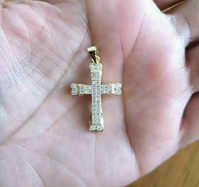 3 Ct Round Cut Lab Created Diamond Cross Pendant 14K Yellow Gold Finish ...