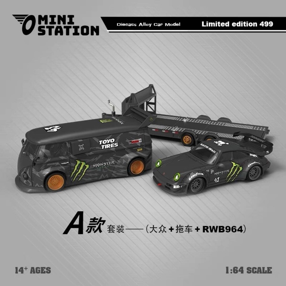 1/64 mini station vw bus T1 VAN trailer Tralier Porsche rwb 964 monster ...