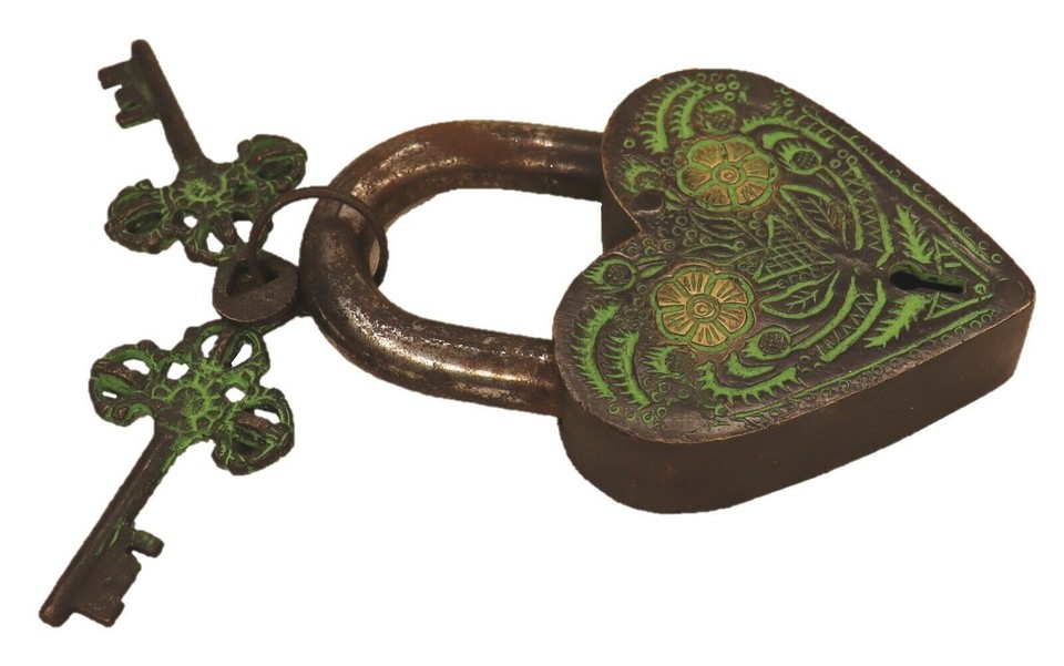 Heart Shape Flower Engraved Lock Vintage Antique Style Handmade Brass ...