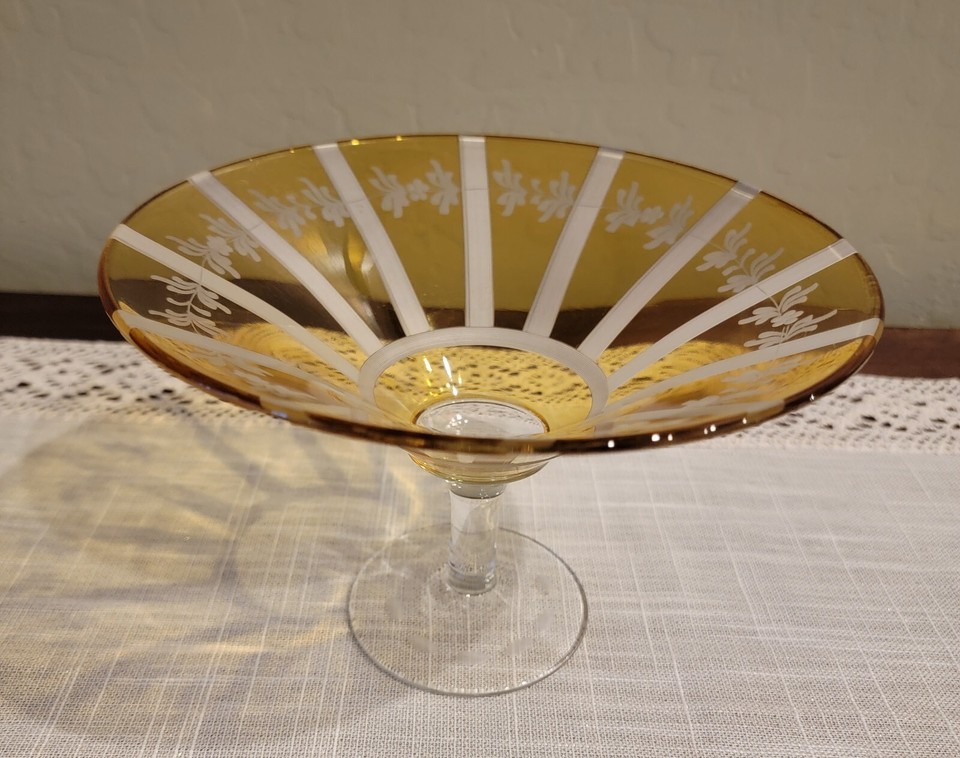 Vintage Intaglio Cut To Clear Canary Yellow Glass Compote Candy Dish | eBay