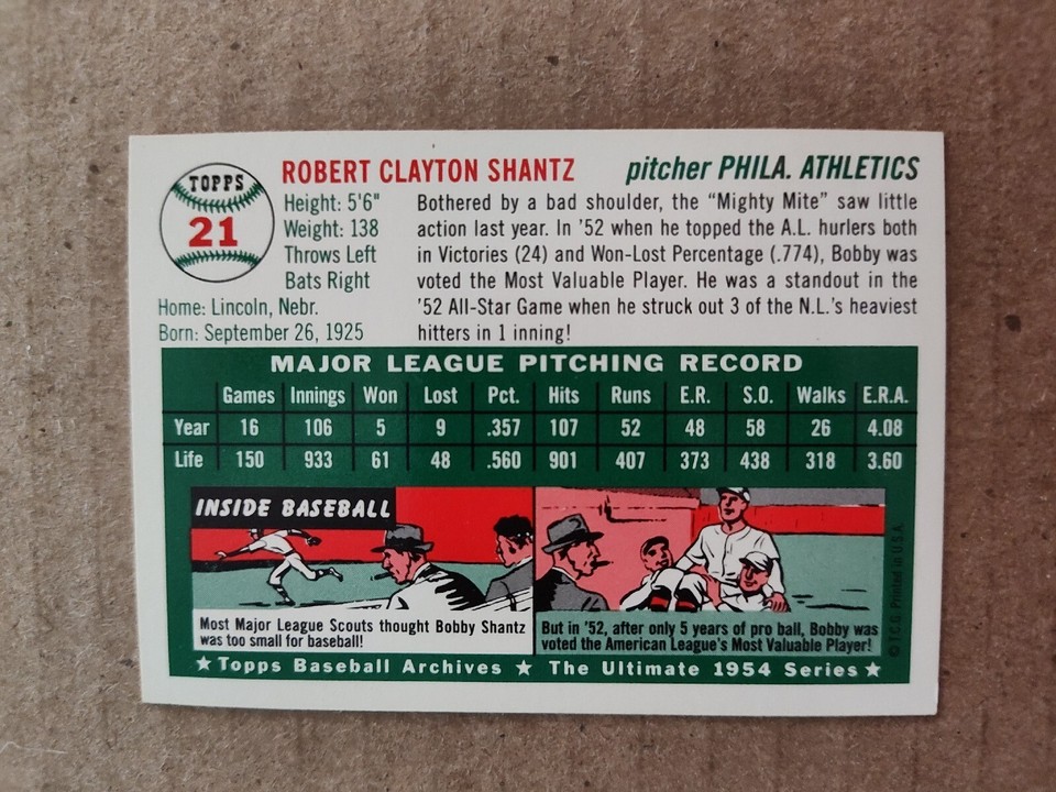 BOBBY SHANTZ Philadelphia A's 1954 TOPPS Archives BASEBALL CARD #21 | eBay