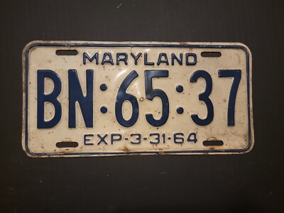 Vintage 1964 MARYLAND License Plate BN : 65 : 37 | eBay