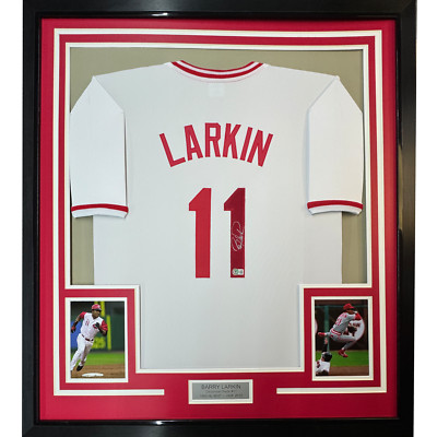 Framed Autographed/Signed Barry Larkin 33x42 Cincinnati White Jersey ...