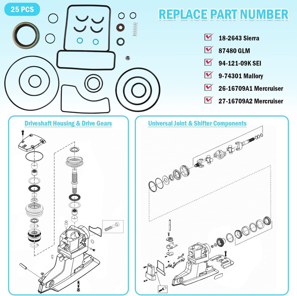 Upper Unit Seal Kit for Mercruiser Bravo 26-16709A2, Sierra 18-2643 ...
