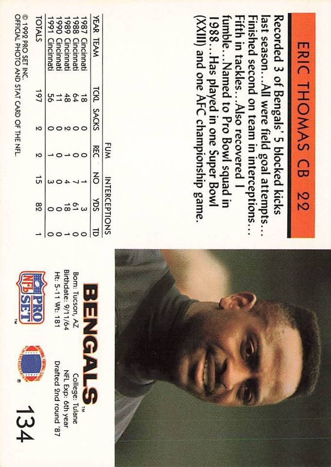 1992 Pro Set #134 Eric Thomas Cincinnati Bengals | eBay