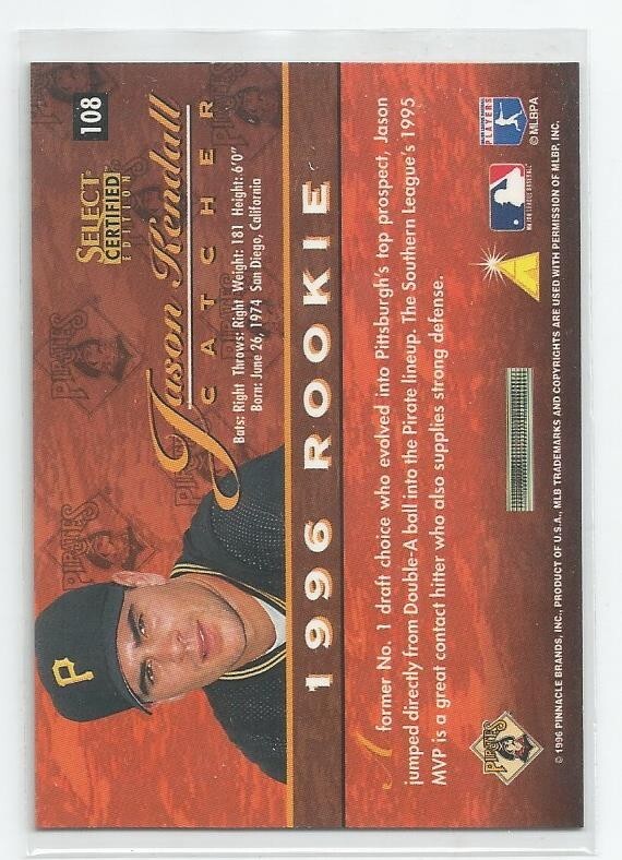 1996 Pinnacle Select Certified Jason Kendall Rookie Card #108 ...