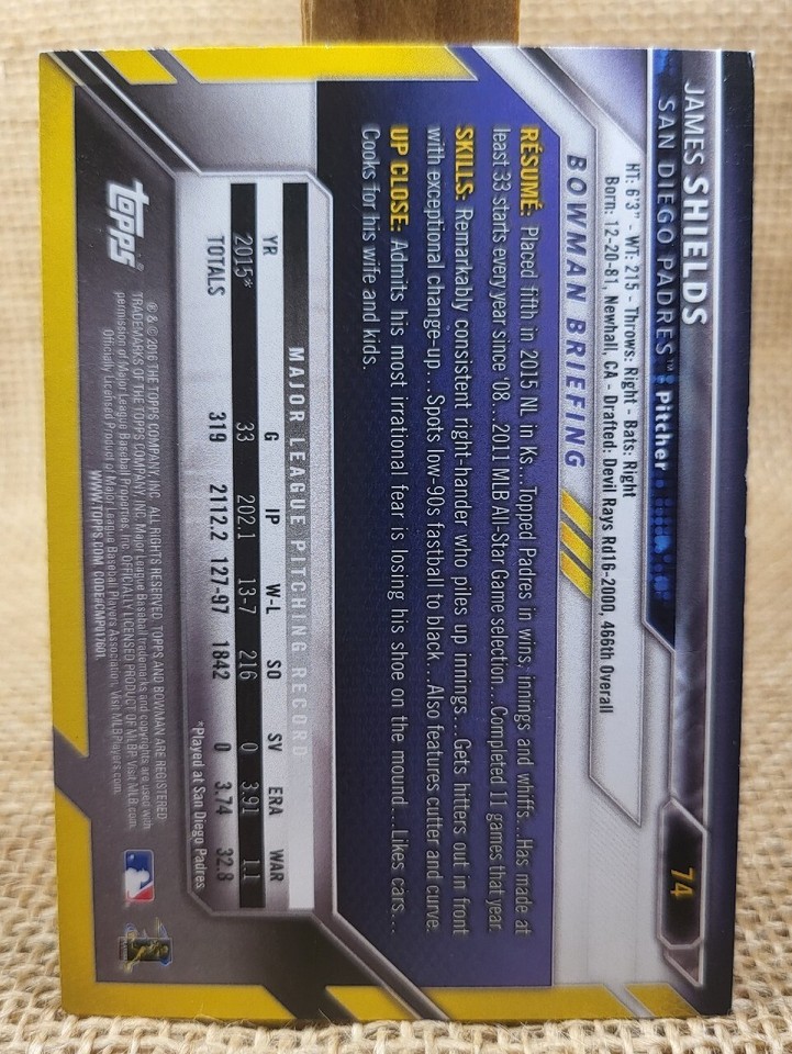 2016 Bowman James Shields Baseball Card #74 Padres FREE S&H A8 | eBay