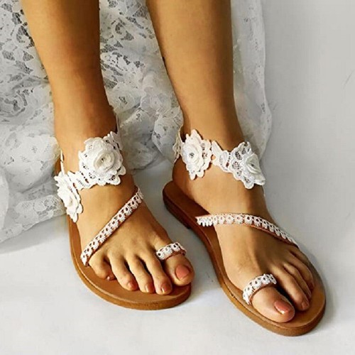 Summer Womens Roman Flats Flip Flops Plus Size Shoes Lace Clip Toe ...