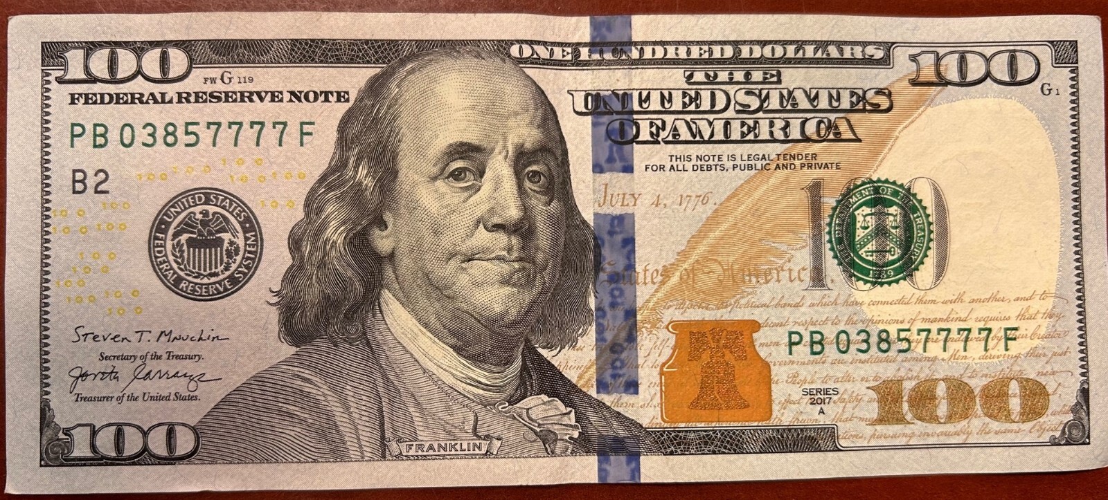 2017 $100 US Dollar Bill Lucky 7777 Serial Number Quad 7s #03857777F | eBay