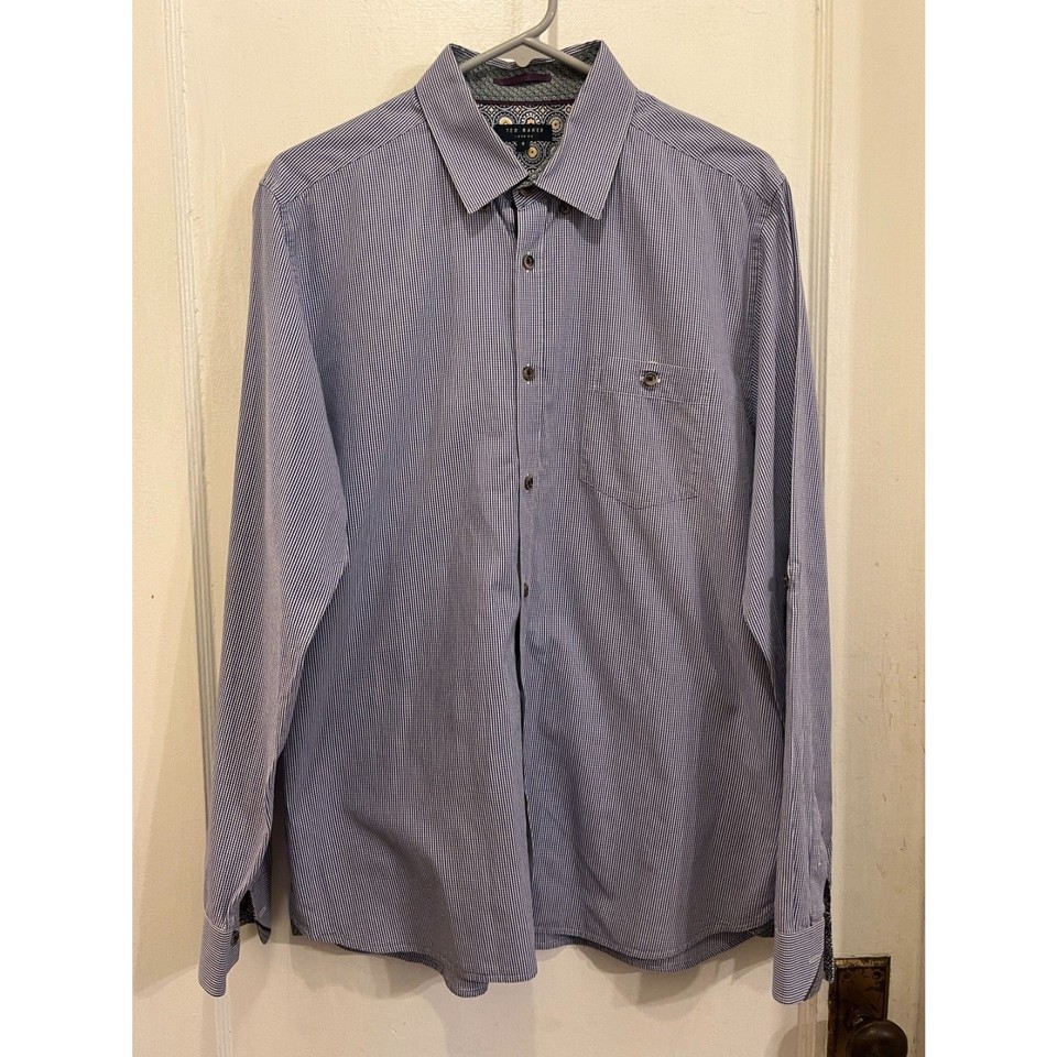 TED BAKER London Blue Check Long Sleeve Button Up Shirt Top Mens Size 5 ...