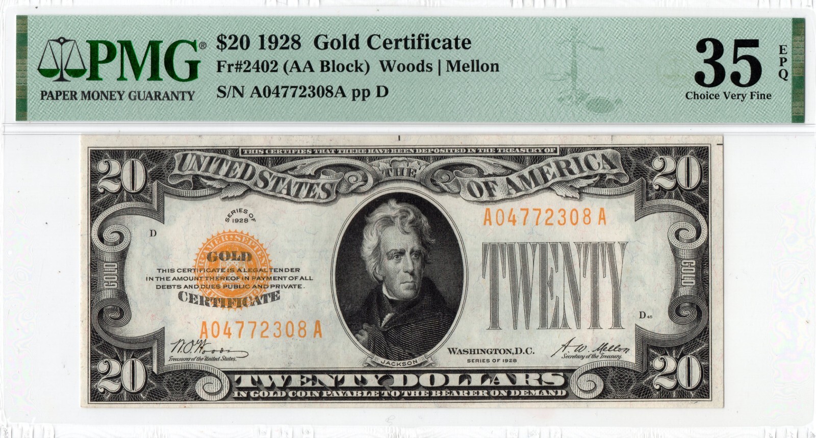 1928 $20 Gold Certificate Note.Fr-2402 PMG-35 EPQ | eBay