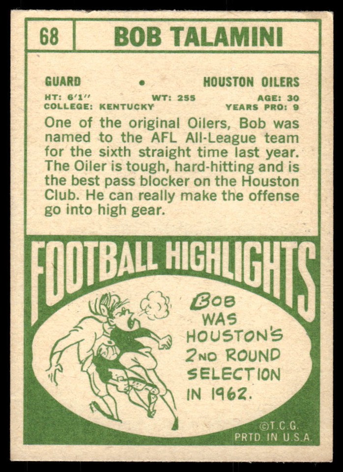 1968 Topps Bob Talamini #68 Houston Oilers Football Card | eBay