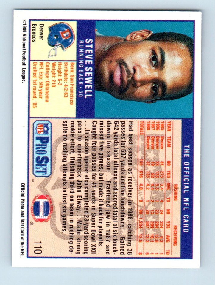 1989 Pro Set Steve Sewell Denver Broncos #110 | eBay