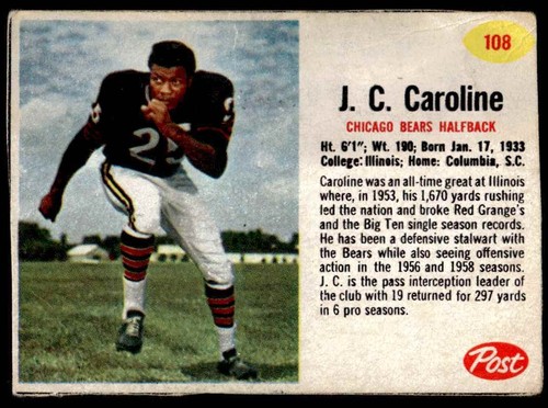 1962 POST CEREAL J.C. CAROLINE C CHICAGO BEARS #108 | eBay