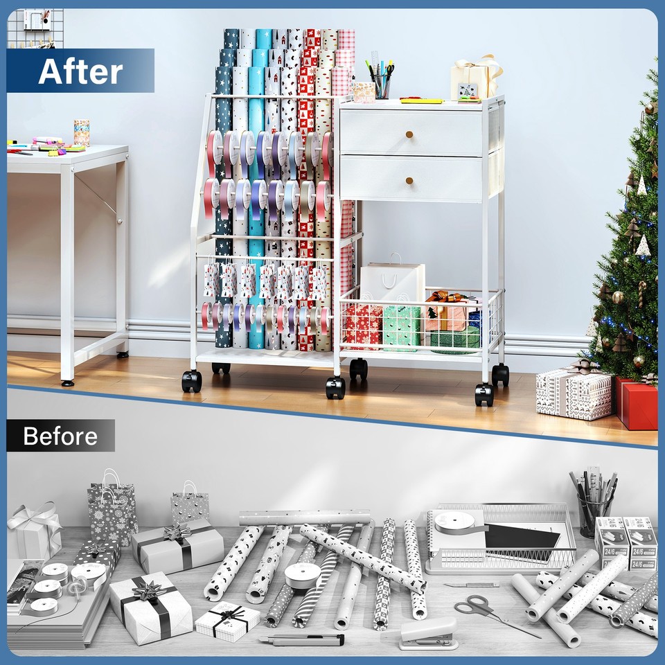 TC-HOMENY Movable Wrapping Paper Storage Cart Ribbon Craft Organizer ...