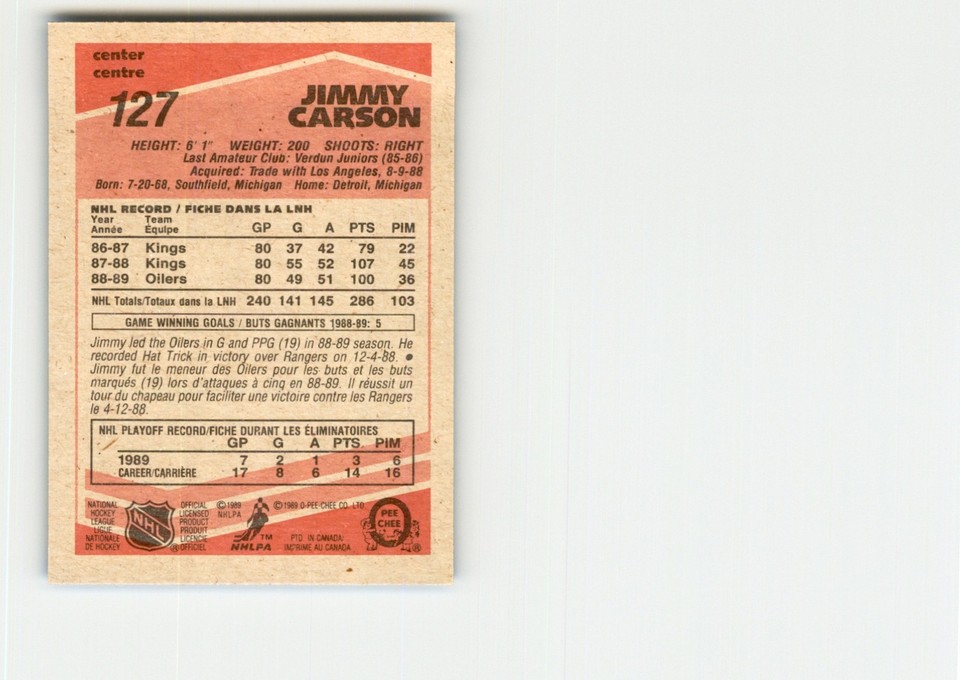 1989-90 O-PEE-CHEE JIMMY CARSON EDMONTON OILERS #127 | eBay