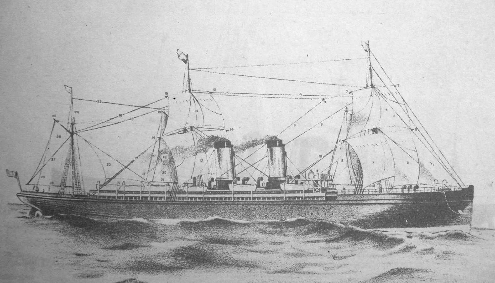 OCEAN STEAMER 2-Stacks Steamship Sailship Navy Marine - 1895 COLOR ...