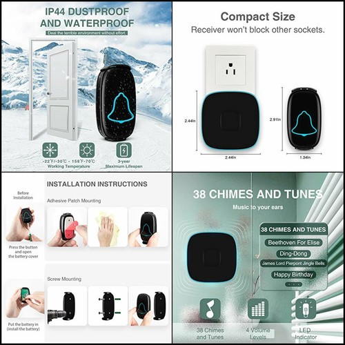 Wireless Doorbell BO YING Waterproof 38 Melodies Adjustable Volume, LED ...
