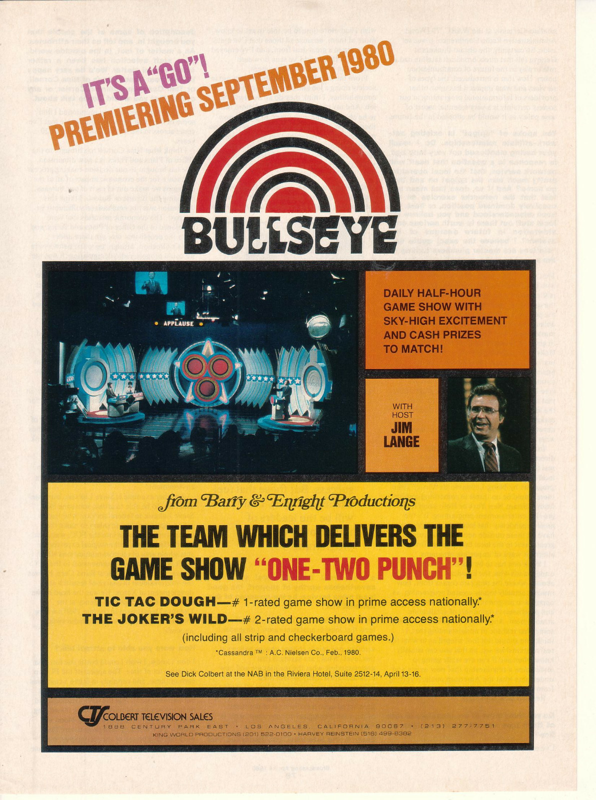 Jim Lange Bullseye 1980 Ad- game show premiering September Barry ...