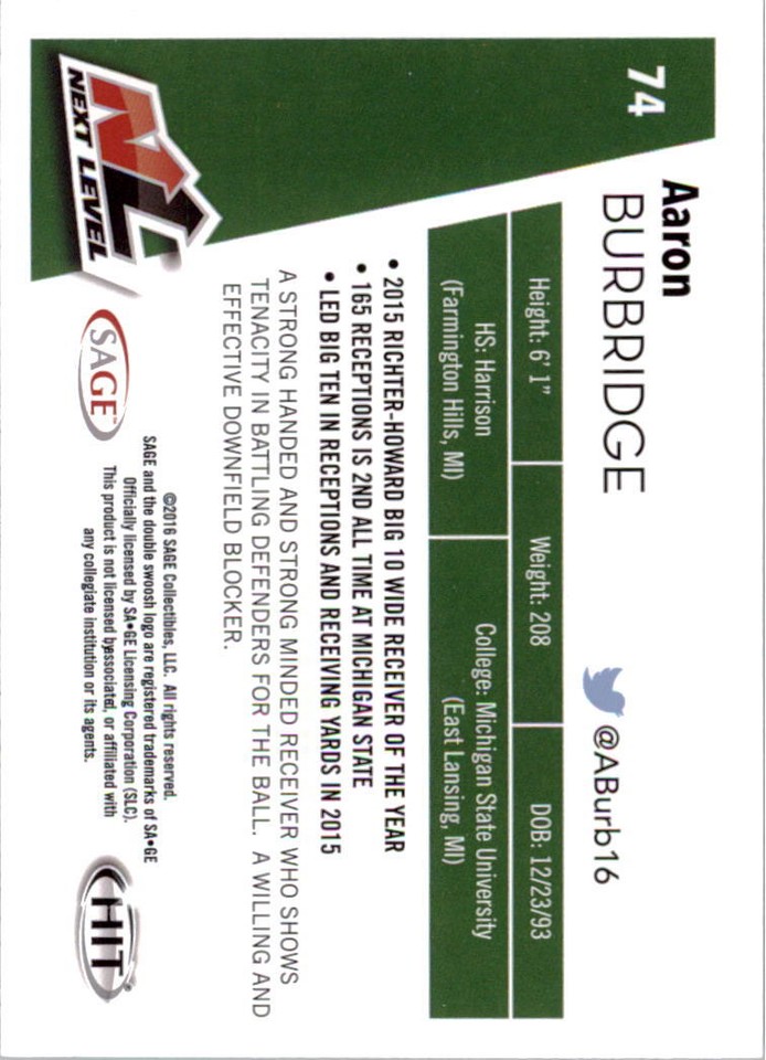 2016 SAGE HIT #74 Aaron Burbridge NL | eBay