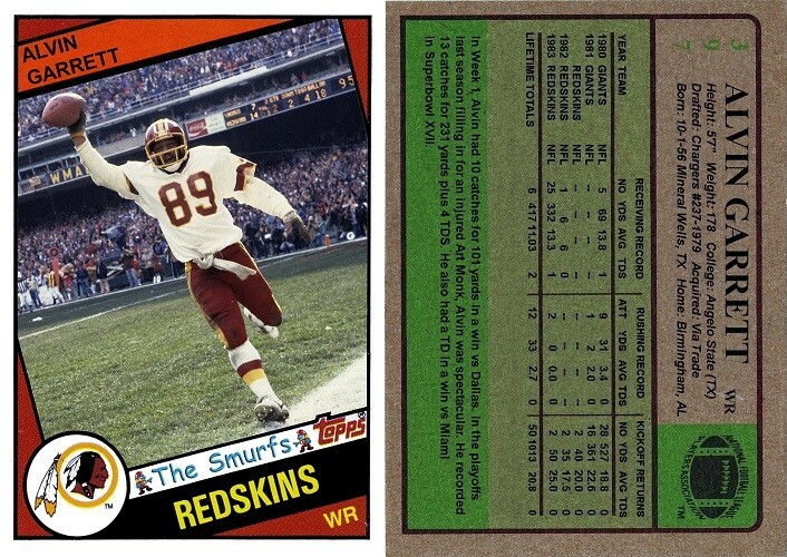 Alvin Garrett 1984 Custom Card Smurfs Washington Redskins Commanders | eBay