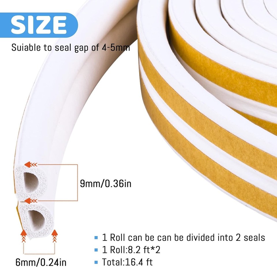 2Rolls White 33Ft Long Doors and Windows Seal Strip Insulation Self ...