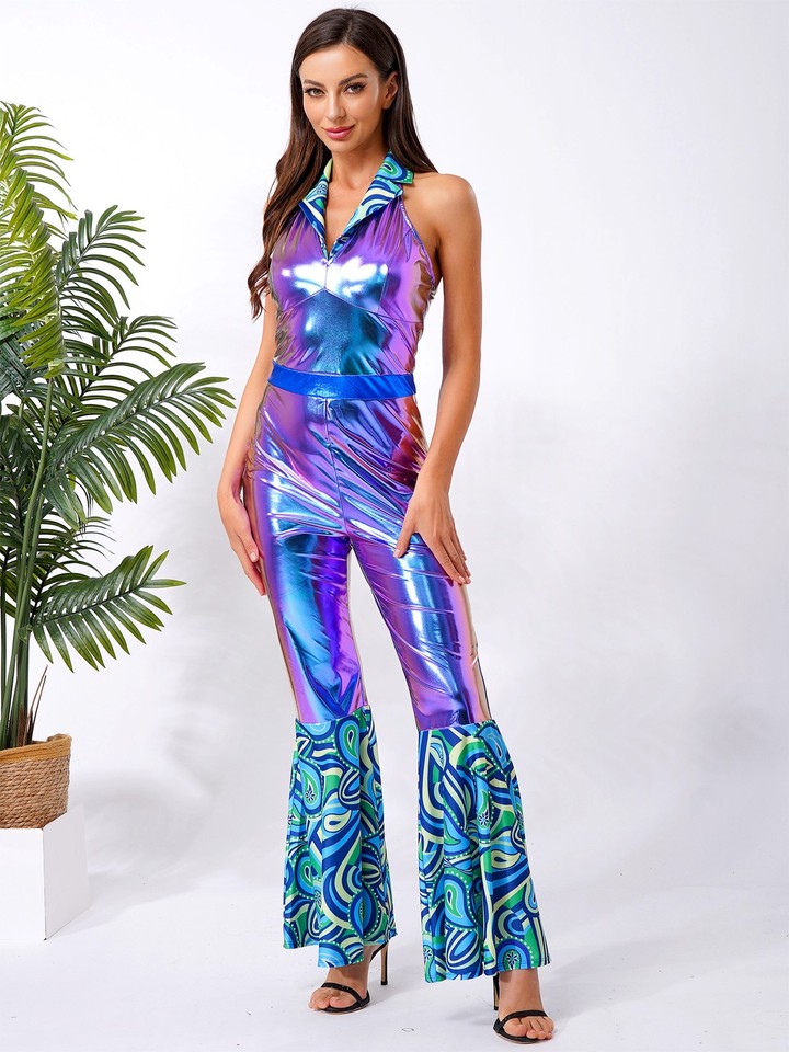 Women Jumpsuit Bell Bottom Bodysuit Disco Rompers Cosplay Costume Adult ...