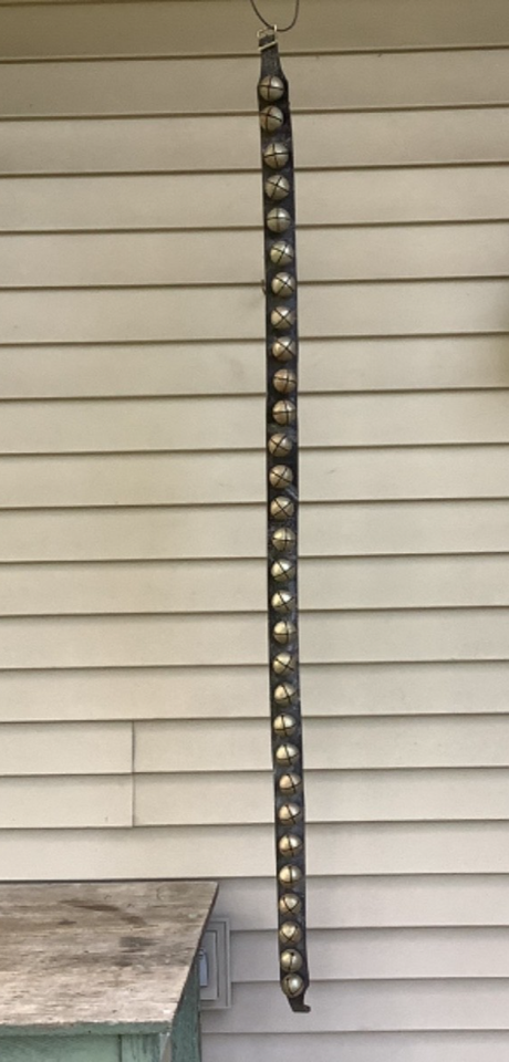 Antique Vintage String of 30 Brass Sleigh Bells on 72" Leather Strap w ...