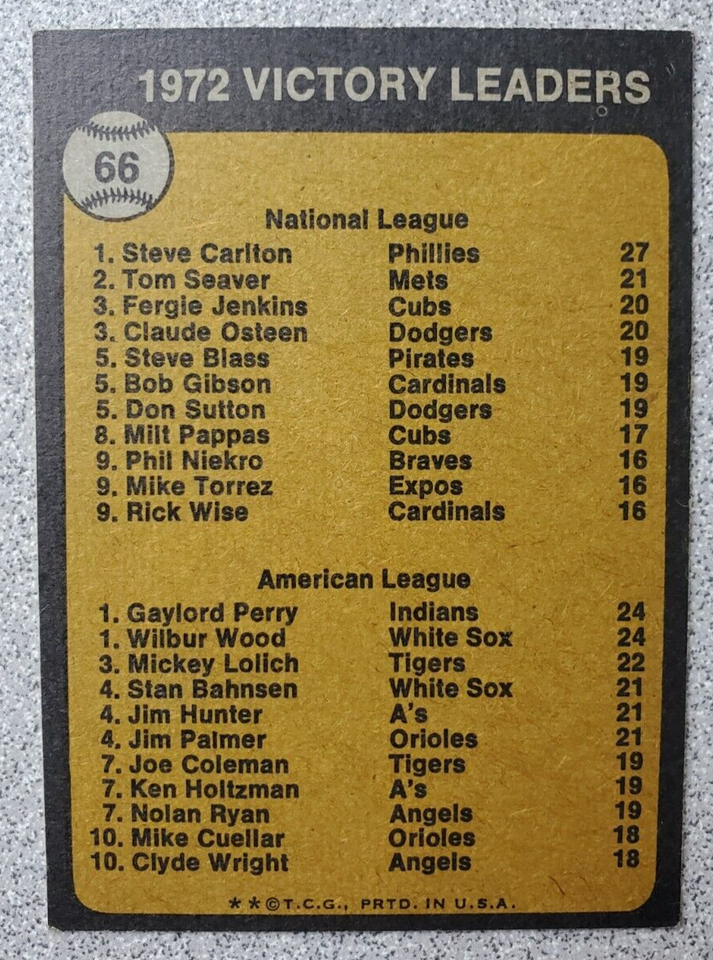 1973 Topps 1972 Victory Leaders Baseball Cards #66 See Photo | eBay