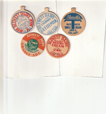5 x Vintage milk bottle caps BLEWETT DAIRY Raw Milk Cream Lodi ...